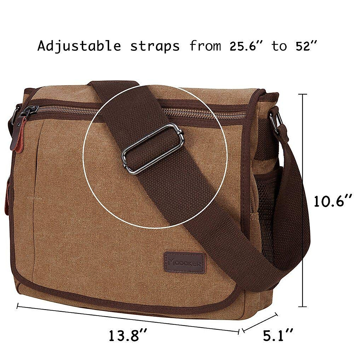 Modoker Messenger Bag for Men, 13 Inches Laptop Satchel Bags, Canvas Shoulder Bag with Bottle Pocket, Brown