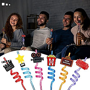 24 Pack Movie Night Party Supplies Movie Night Drinking Straws PET Projector Popcorn Trophy Drinking Straws Plastic Straws Red Carpet Party Decorations for Movie Night Party Favors