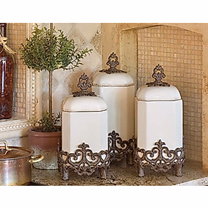 15-Inch Tall Provencial Cream Canister with Brown Metal Scrolled Base