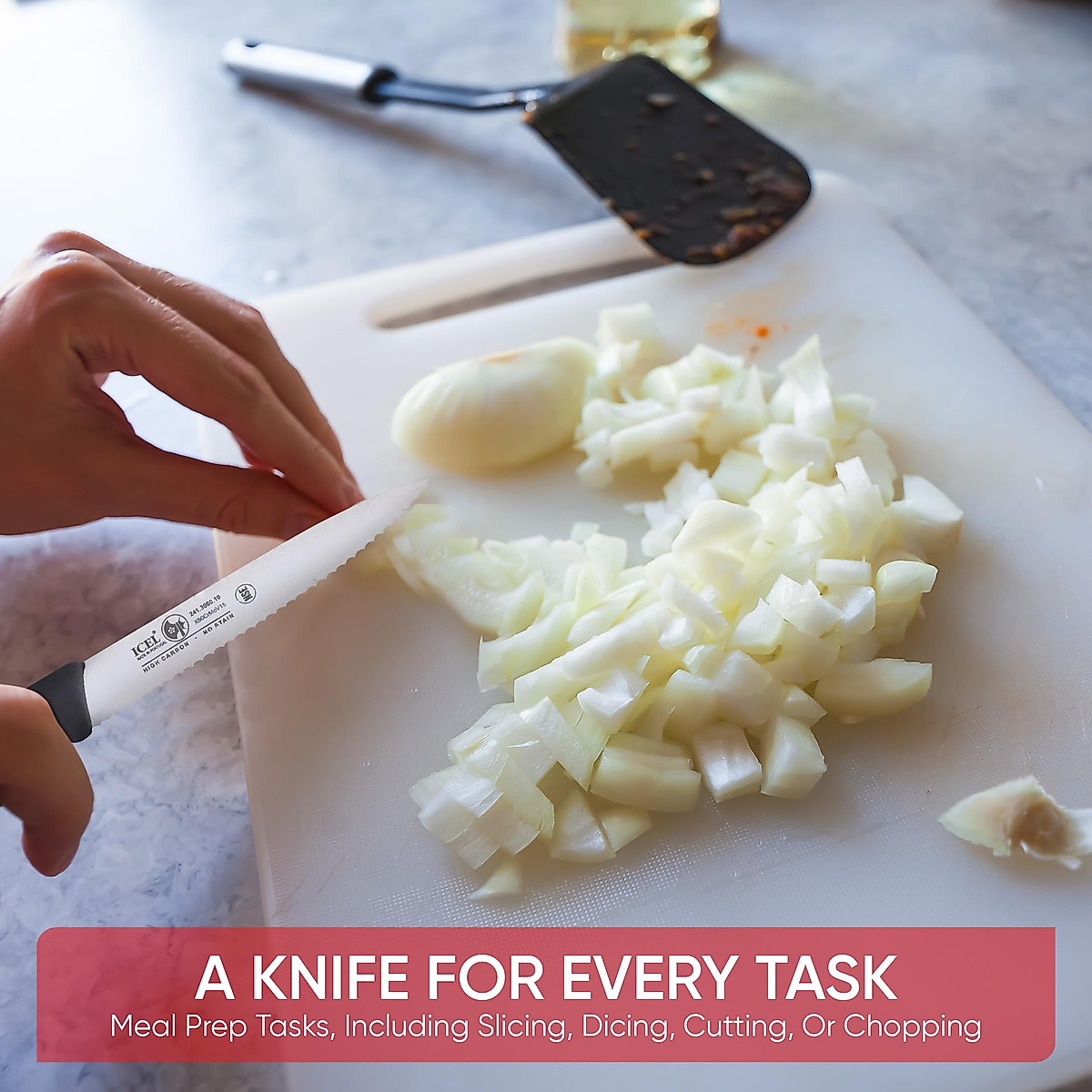 ICEL 4 Inch Paring Knife, Serrated Edge, High Carbon German Stainless Steel razor Sharp Blade, Red Handle