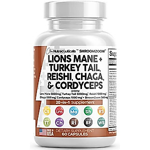Lions Mane 3000mg 20in1 Mushroom Supplement with Turkey Tail 2000mg Reishi 1000mg Cordyceps Chaga 1000mg Maitake Meshima Poria Cocos Shiitake Oyster Porcini Enoki Cognitive, Energy, Focus Pills USA