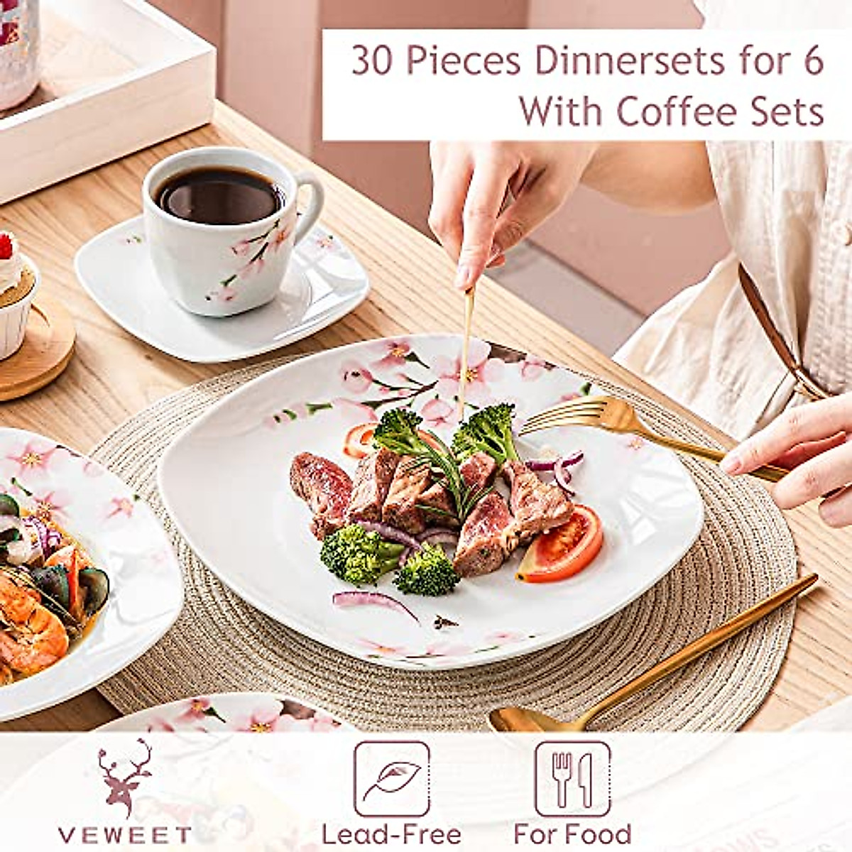 VEWEET, Series Annie, 30-Piece Porcelain Dinnerware Set with Pink Floral Pattern, White Plates and Bowls Sets including Dinner Plates, Dessert Plates, Soup Plates Set, Cups & Saucers, Dishes Set for 6