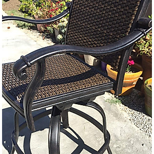 Sunvuepatio 9 Piece Fire Pit Patio Dining Outdoor Bar Set Santa Clara Swivels Barstools Table Cast Aluminum Wicker Furniture.