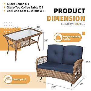 W WARMHOL 2-Person Outdoor Glider Bench Patio Double Swing Rocking Chair with Glass-Top Coffee Table, Patio Glider Wicker Porch Loveseat Seating Patio Steel Frame Chair Set with Cushion, Navy Blue