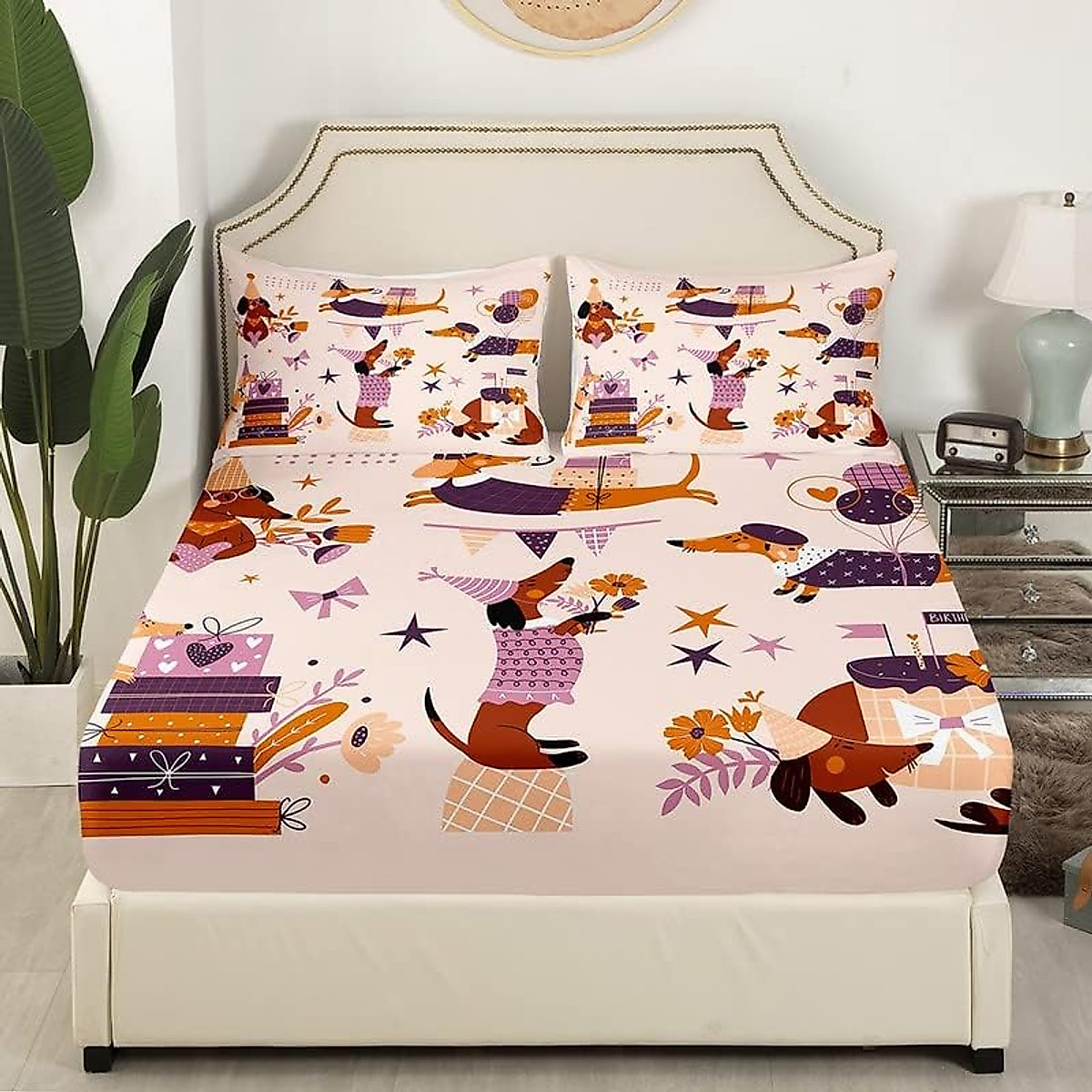 Dachshund Kids Sheet Set Sausage Dog Bed Sheets Set for Boys Children Teens Bedroom Decor Cute Puppy Dog Sheets with Deep Pocket Fitted Sheet Happy Festival Bedding Set Queen Size with 2 Pillow Case