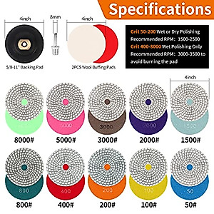 14PACK Diamond Polishing Pads with Rubber Backer & Wool Felt, 4 Inch Wet Dry Marble Granite Polishing Kit for Grinder Drill Polisher, 50-8000 Grit Sanding Pad for Quartz Countertop Tile Stone Concrete