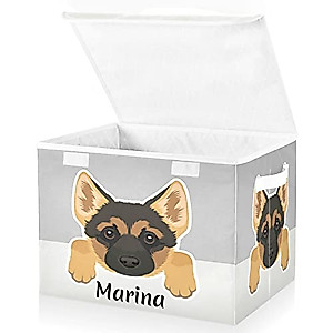 DOMIKING German Shepherd Puppy Dog Custom Large Storage Bin with Lid Collapsible Personalized Shelf Baskets Box with Handles Storage Cube for Shelves Cabinet Nursery Drawer