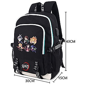 Roffatide Anime Demon Slayer Printed Backpack Schoolbag Laptop Rucksack Fit 15.6 Inch with USB Charging Port & Headphone Port Black