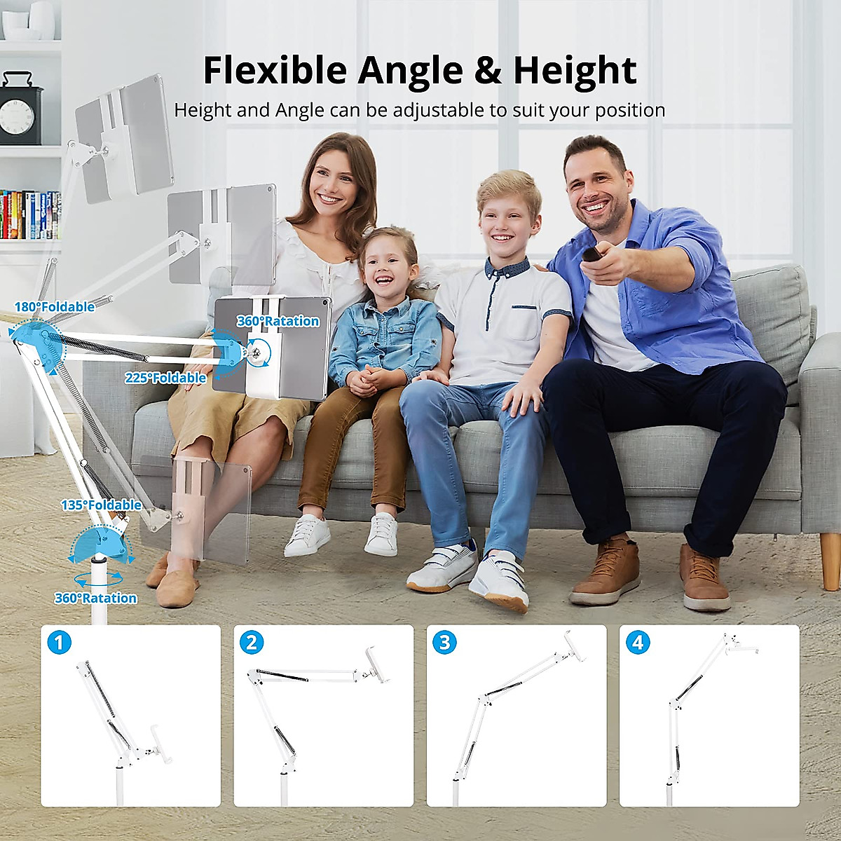 Spessn Adjustable Tablet Floor Stand Universal 360-degree Rotatable Metal Tablet Holder Phone Stand Compatible iPad/iPhoneX/iPad Pro 4.5~12.9 Inch-Screen, Phone, Kindle (White)