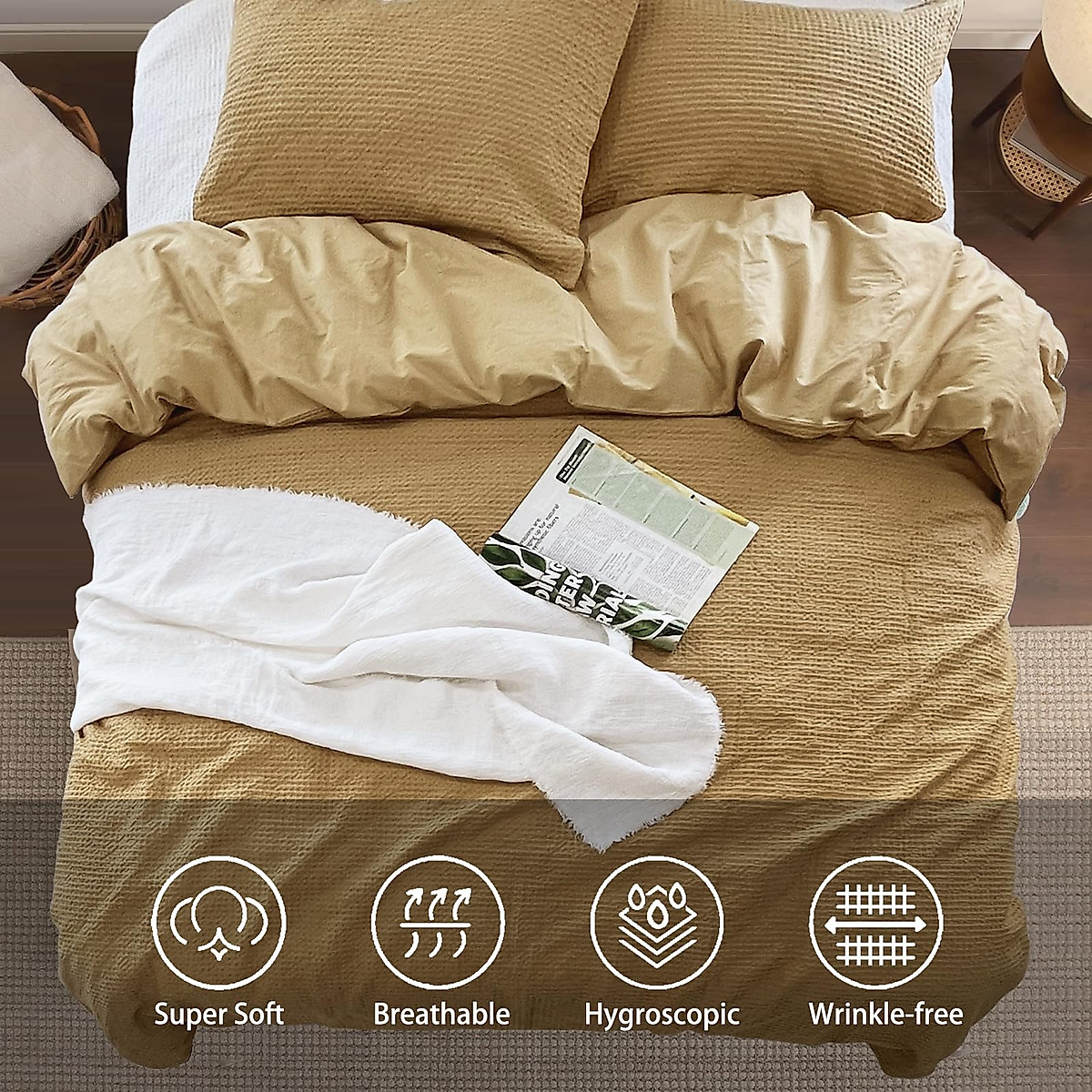 Fredesign Cotton Duvet Cover Queen Size - 100% Cotton Waffle Weave Yellow Duvet Cover Set, 3 Pieces, 1 Duvet Cover with Botton Closure (90" x 90") and 2 Pillow Shams - Comforter Not Included