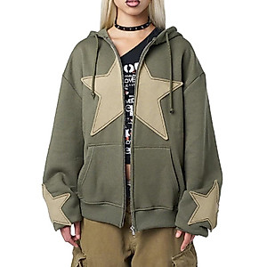 Womens Y2K Long Sleeve Hoodies Zip Up Star Graphic Track Jackets Hip Hop Harajuku Oversized Sweater Sweatshirts