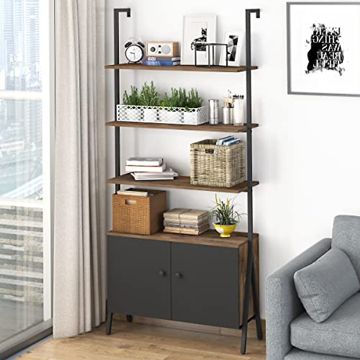 Usinso Wood Metal Ladder Bookshelf, Industrial 4-Tier Black Bookcase with Wide Storage Cabinet, Rutic Brown and Black Bookshelf for Living Room, Shelves for Storage Bedroom, 30L x 13W x 70H Inch
