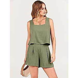 ANRABESS Womens 2 Piece Outfits Linen Square Neck Crop Short Set Lounge Matching Sets 2023 Trendy Clothes Summer Vacation Set for Beach Vacation Resort 997zhonglv-M
