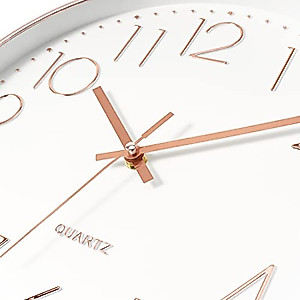 Foxtop Modern Wall Clock 12 Inch Non-Ticking Silent Battery Operated Round Quartz Rose Gold Wall Clock for Office Bedroom Living Room Kitchen Home School Decor