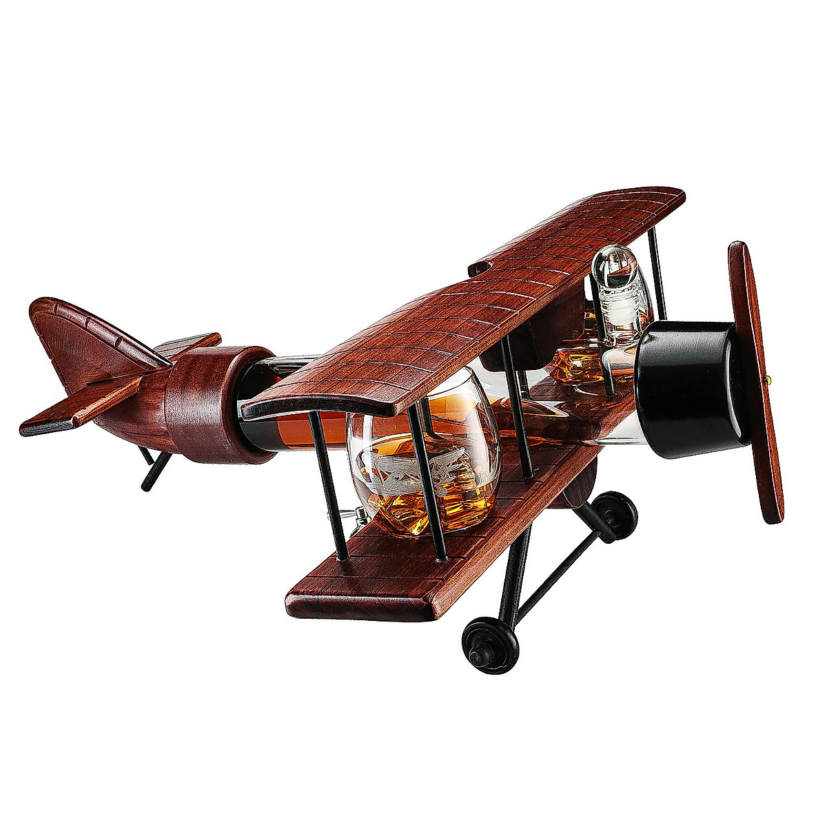 Whiskey & Wine Decanter Airplane Set and Glasses Antique Wood Airplane - The Wine Savant Whiskey Gift Set and 2 Airplane Glasses, Pilot Gift Moving Parts- Alcohol Related Gift, BAR DECOR Large 21"