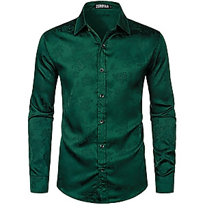 ZEROYAA Men's Hipster Floral Jacquard Long Sleeve Satin Silk Like Button Up Dress Shirts for Party Prom ZHCL55 Dark Green Small