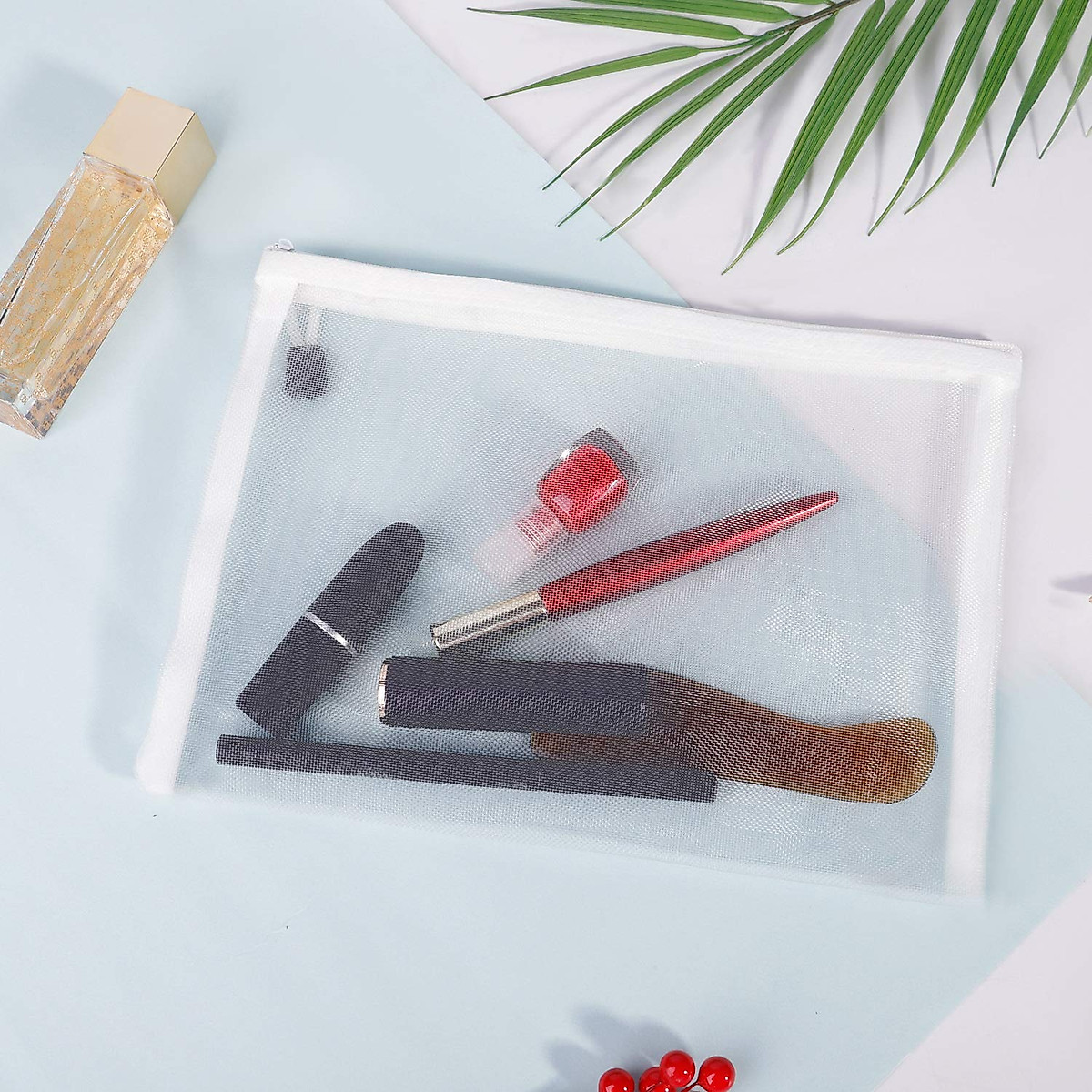 20 Pieces Mesh Bags Mesh Zipper Pouch Makeup Cosmetic Bag Pencil Pouch, 9.5 x 7.1 inches (White)