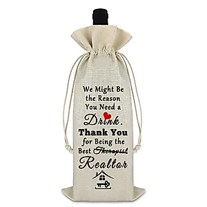 Realtor Wine Bag Thank You Gift for Realtor Housewarming New Homeowner Gift Ideas Burlap Drawstring Wine Wrap Bag Appreciate Gift for Therapist Realtor Real Estate Agent Gifts Reusable Wine Bottle Bag