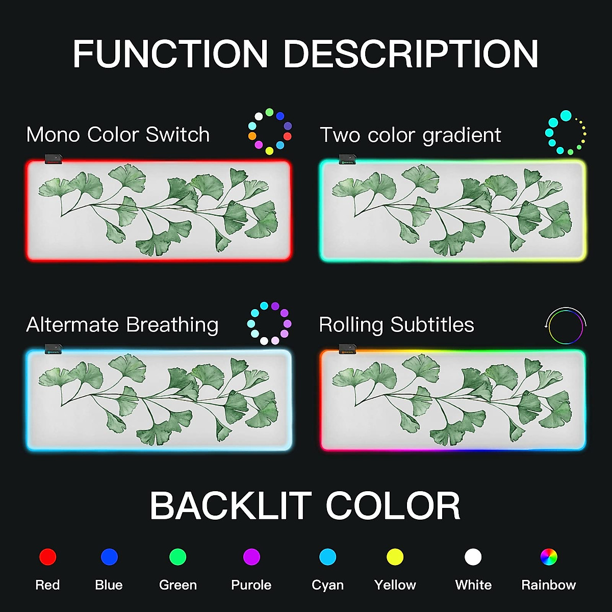 Large RGB Gaming Mouse Pad Ginkgo Biloba Known Ginko Gingko Leaves Glowing Extended Mousepad 35.4x15.7in, Soft Anti-Slip Rubber Base Luminous Mouse Mat for Pc Laptop, Gaming, Office, Home