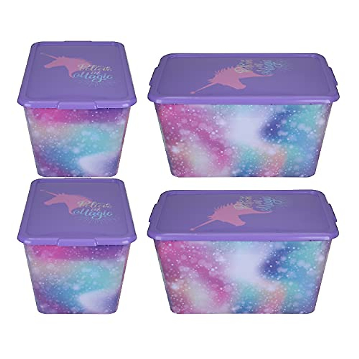 SIMPLYKLEEN 14.5-gal. Plastic Storage Containers with Rainbow Unicorn Print Lids, Reusable Stacking StorageChest for Girls, (4 Pack) Made in the USA