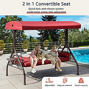NOBLEMOOD Patio Porch Swing, 3-Seat Outdoor Swing with Adjustable Canopy, Thickened Cushion, Pillow and Foldable Side Tray for Patio, Backyard, Porch Swing Bed for Spring
