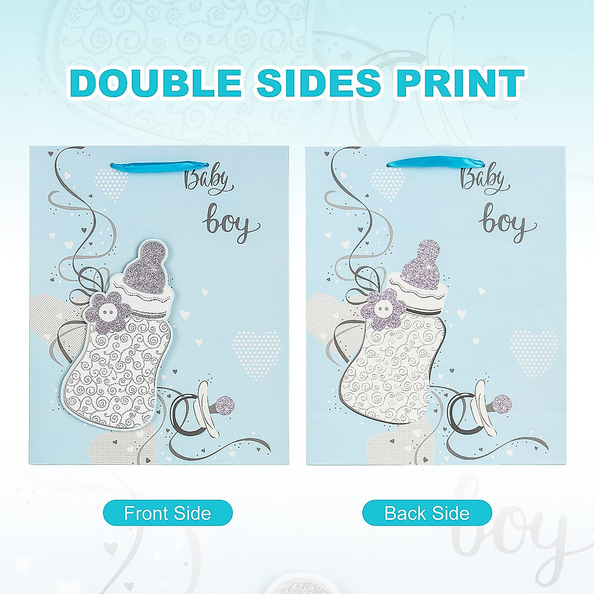 12.6" Large Baby Shower Birthday Gift Bags for Boy with Tissue Papers 2-Pack (Blue)