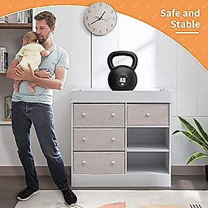 Changing Table with 4 Drawers, Changing Table Dresser with Changing Top and 2 Shelves, Infant Baby Diaper Changing Station for Nursery Bedroom Living Room, Diaper Changing Station