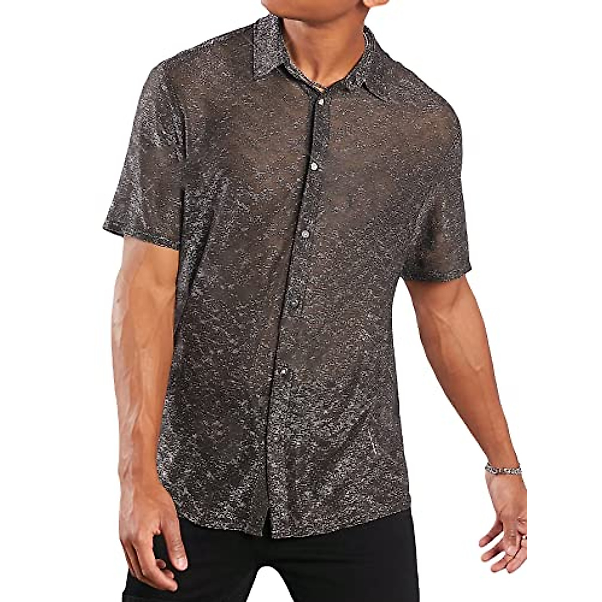 WDIRARA Men's Contrast Glitter Button Front Shirt Stand Collar Shirt Short Sleeve Tops Black XL