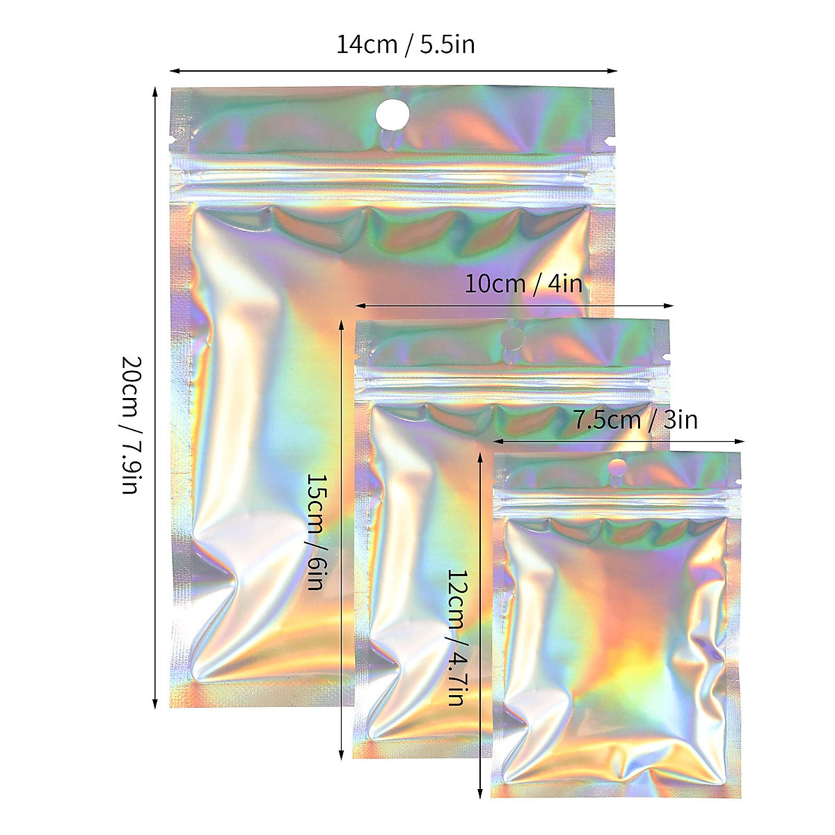ISKYBOB 100 Pieces Resealable Mylar Zip Lock Bags Rainbow Flat Foil Pouches Smell Proof Food Storage Gift Package Supplies, S