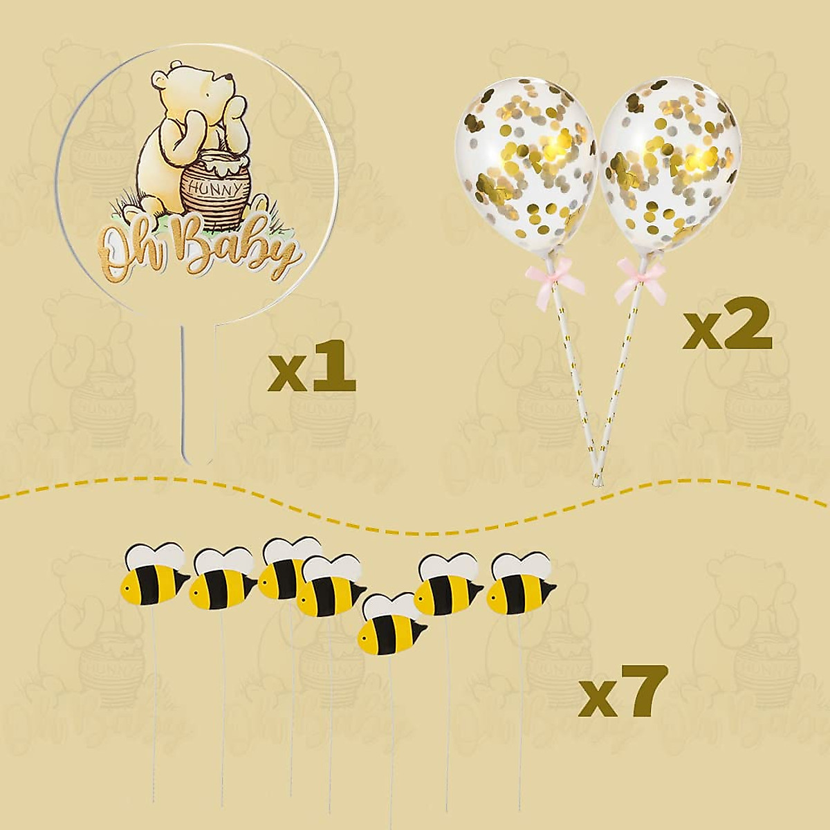 Winnie Cake Topper Oh Baby Acrylic Cake Topper with Cute Bees and Balloons Cake Decoration for Kids Birthday Baby Shower Party Supplies