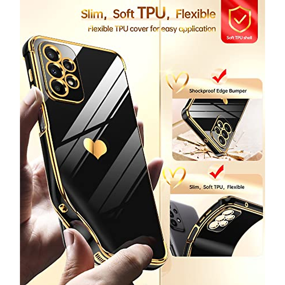 LeYi for Galaxy A23 5G Phone Case: with Screen Protector [2 Pcs]+ Full Camera Protection, Love Heart Plating Girly Women Cute Luxury Soft TPU Case for Samsung A23 5G, Black