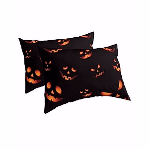 Edwiinsa Halloween Pillow Covers Standard Size Set of 2 Bed Pillow, Fall Pumpkin HorrorBlack Orange Plush Soft Comfort for Hair/Skin Cooling Pillowcases with Envelop Closure 20''x26''