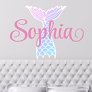 Custom Name Mermaid Nursery Wall Decal - Girls Personalized Name Mermaid Wall Sticker - Custom Name Sign - Custom Name Stencil Monogram - Girls Nursery Wall Decor (16" Wide x 11" high)