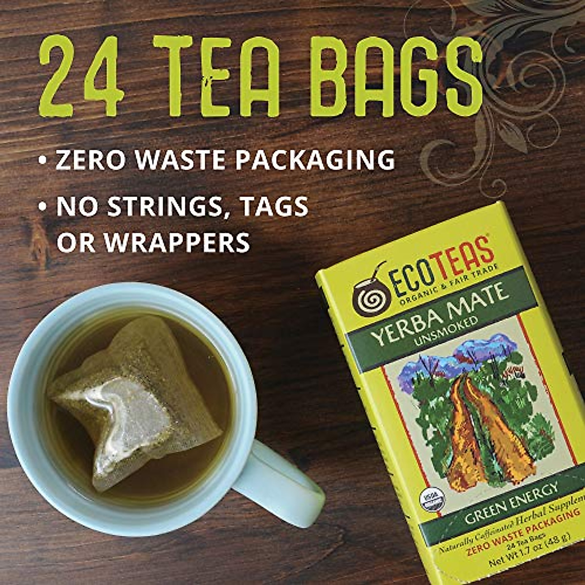 ECOTEAS Organic Unsmoked Yerba Mate Tea Bags - 24 Count, 1.7 Oz - Organic Detox Tea - Hi Caf Tea - Clean Yerba Mate Energy Burst - Ecoteas Yerba Mate