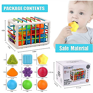 Ingooood Baby Shape Sorting Toy,Sensory Sorting Bin with Elastic Bands,Montessori Toys for 1-3 Year Old (Classic-12 Piece)