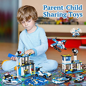 Hodlvant City Police Station Building Sets, Police Station Mobile Command Center Building Blocks Kit with Artillery car & Cop Patrol Car & Helicopter Toy, STEM Toys Set for Boys Girls Aged 6 7 8 9 +