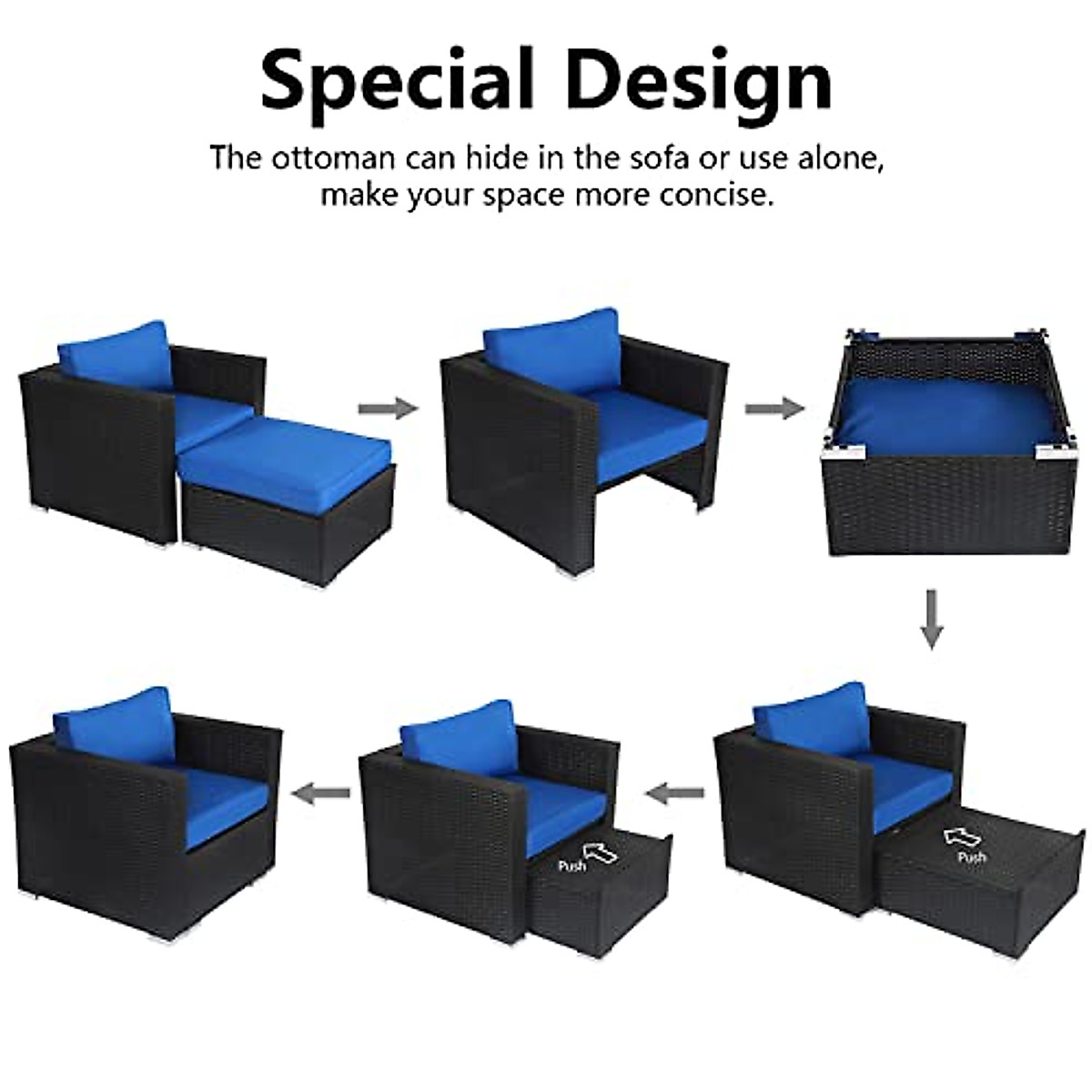 Patio Furniture Set with Ottoman, Outdoor PE Rattan Wicker Conversation Sofa Set W/Ottoman Footstool Set for Garden, Patio, Balcony, Beach, Space Saving Design(Dark Blue Cushion)