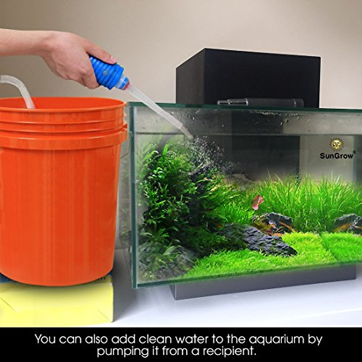 SunGrow Water Siphon Pump for Fish Tank with Priming Bulb, 3.5" Nozzle Net, 65-Inches, Long Nozzle Sand Cleaning Kit, Fish Gravel Vacuum to Clear Water, Aquarium Siphon Tank, 2-Minutes to Assemble
