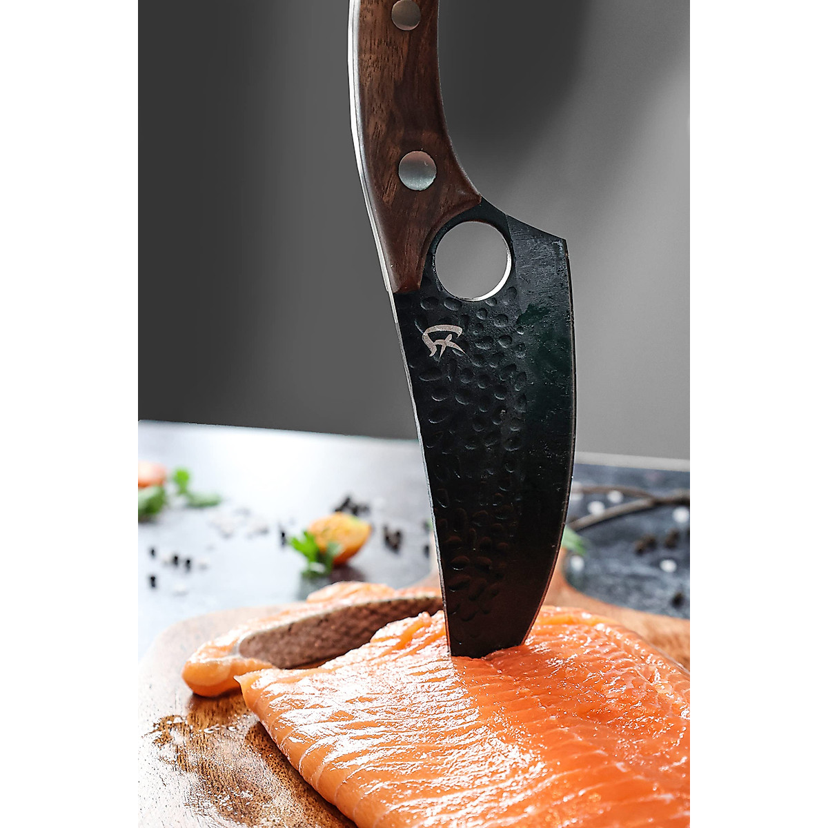 An amazing Hand Forged Butcher Knife with Reinforced Black Titanium Coated Blade that is perfect for everyday kitchens, camping, and BBQ