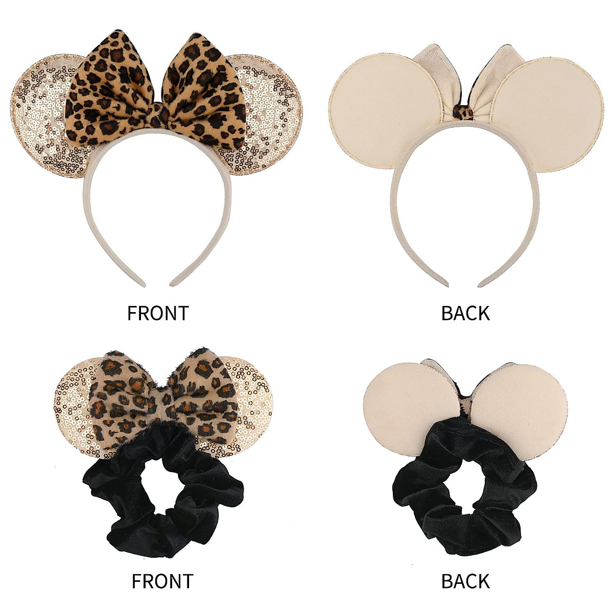 1 Pcs Mouse Ears Headband and 1 Pcs Mouse Ears Scrunchies with Bow Hairs Accessories for Girls Women Boys Birthday Party (Leopard)