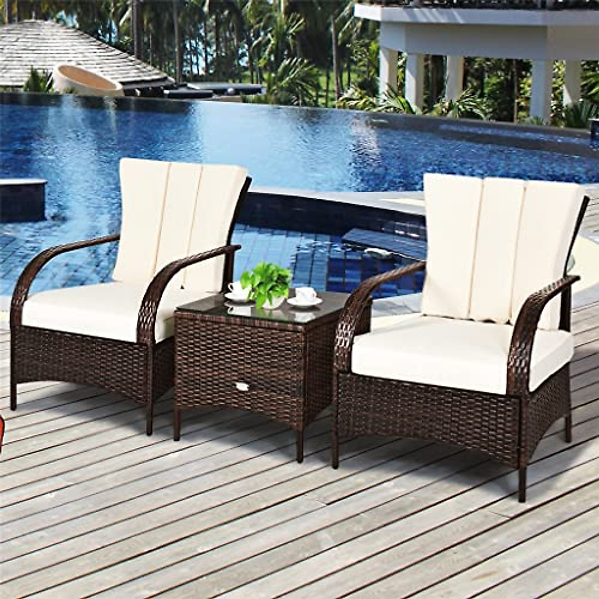 WYKDD 3 PCS Patio Rattan Furniture Set Coffee Table & 2 Rattan Chair with Cushions Comfortable and Breathable (Color : E)
