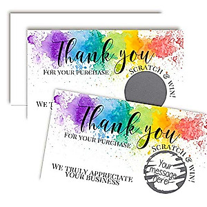 Rainbow Watercolor Themed Scratch & Win Customer Appreciation Package Inserts for Small Businesses, 20 2" X 3.5” Single Sided Insert Cards with Scratch Off Stickers included by AmandaCreation