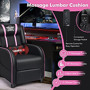 GYMAX Gaming Recliner, Massage Gaming Chair w/Adjustable Footrest, Remote Control & Side Pocket, Ergonomic Game Lounge Chair, Racing Style Single Theater Seat Game Sofa for Adults (Pink)