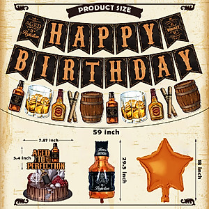 BORAMDO Whiskey Birthday Party Decorations for Men, Aged to Perfection Party Supplies including Whiskey Birthday Banner, Cake Toppers, Whiskey Foil Balloons, Tissue Paper Flowers (brown)