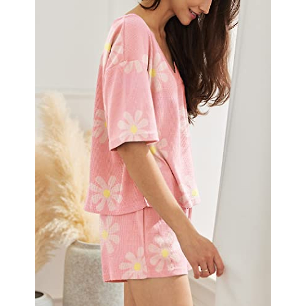 Ekouaer Women Lounge Set Waffle Short Sleeve Pajamas Set Two Pieces Loungewear Cute Nightwear Pink S