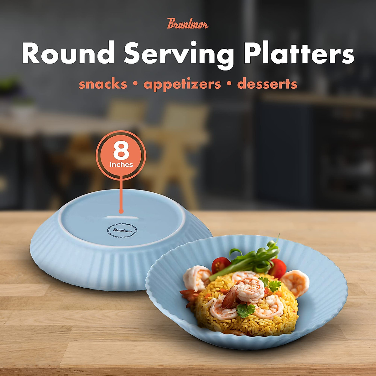 Bruntmor Set of 4 Elegant Matte 8" Round Ceramic Restaurant Serving Inner Fluted Dessert Salad Plates, Light Blue