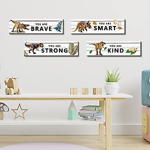 UBLURO 4 Pieces Dinosaur Motivational Wall Art Decors - Dinosaur Wooden Hanging Wall Prints Plaques， Dinosaur Room Decor for for Kids Boys Nursery Bedroom Decorations