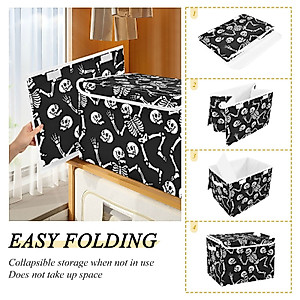 CaTaKu Skull Black Storage Bins with Lids,Halloween Fabric Large Storage Container Cube Basket with Handle Decorative Storage Boxes for Organizing Clothes Shelves
