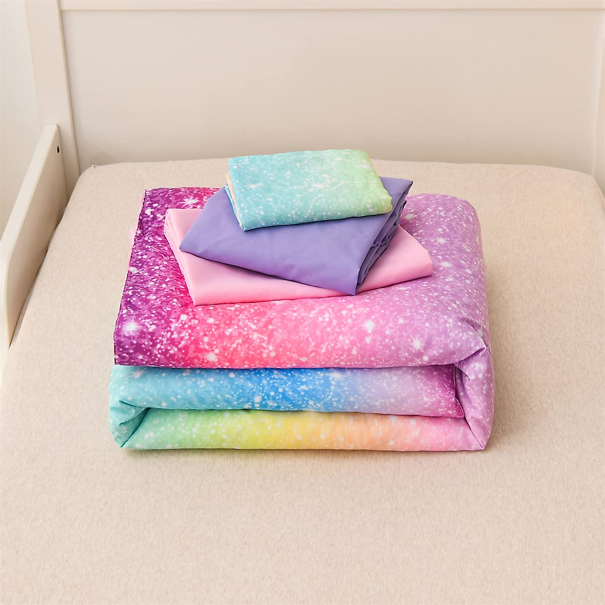 Holawakaka 4PCS Ombre Toddler Bedding Set, Colorful Gradient Stars Comforter Sheet Sets for Baby Girl Toddler Girls (Multi-Color)