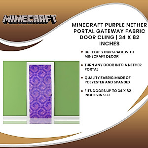 Ukonic Minecraft Purple Nether Portal Gateway Fabric Door Cling | Wall Decorations, Playroom Accessories, Kids Room Essentials Home Decor | Video Game Gifts and Collectibles | 34 x 82 Inches